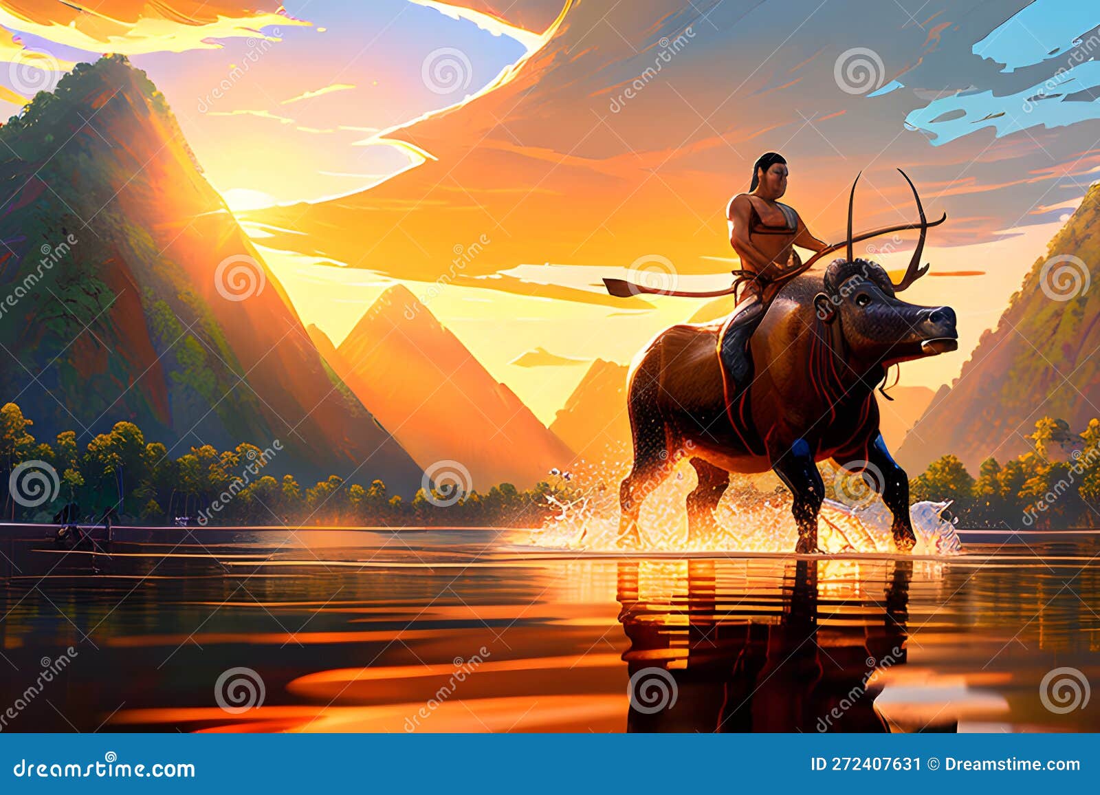 Image of the Man Riding Buffalo Racing and Splashing through a Muddy ...