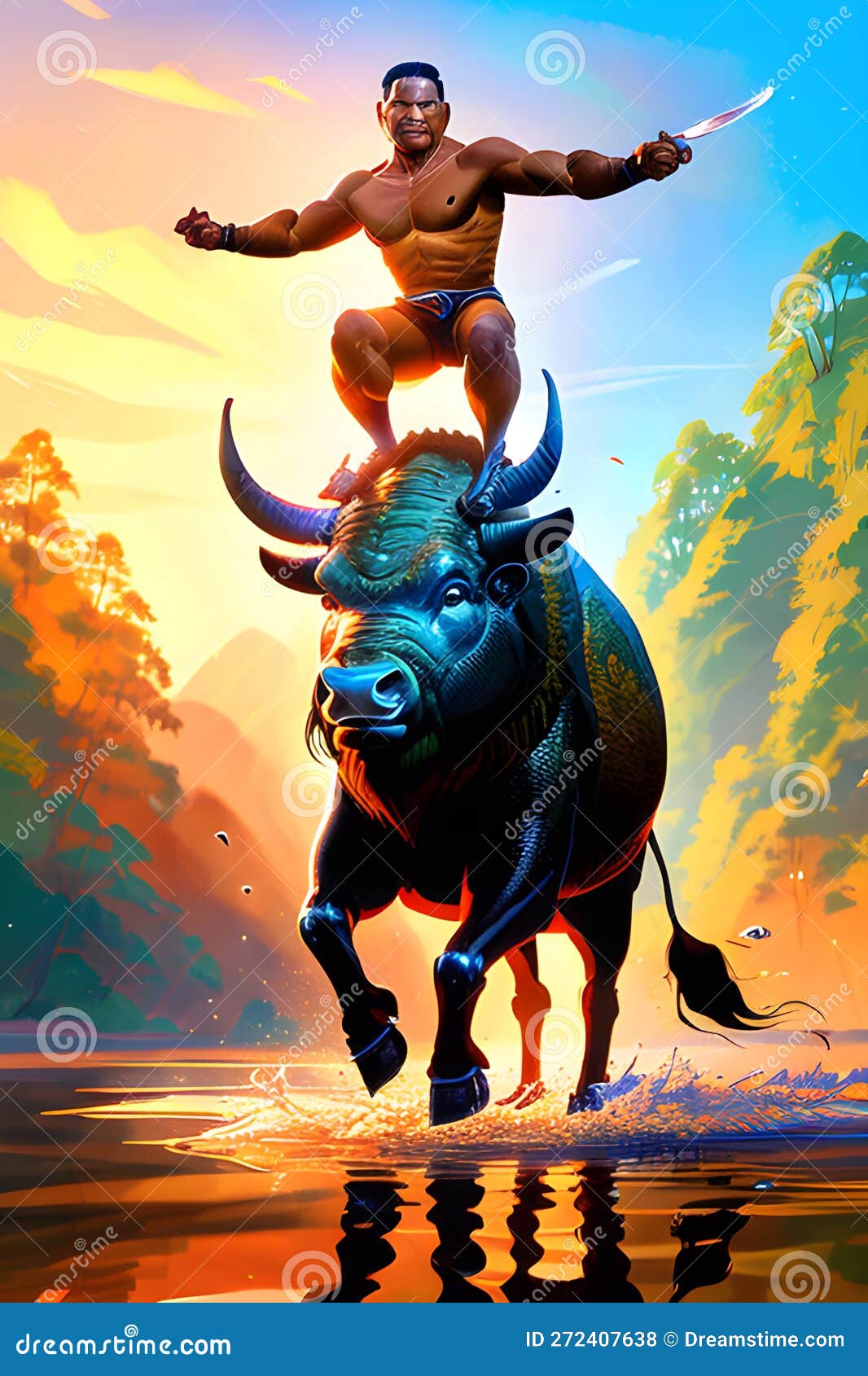 Image of the Man Riding Buffalo Racing and Splashing through a Muddy ...