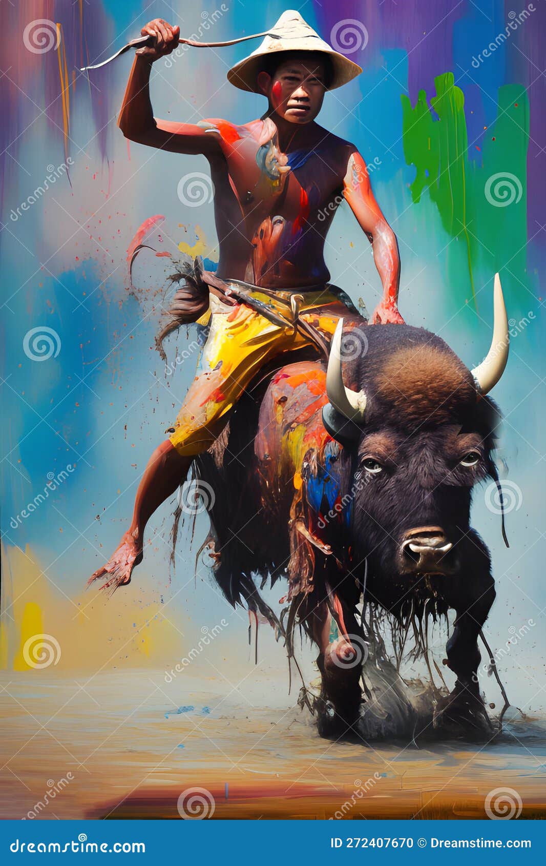 Image of the Man Riding Buffalo Racing and Splashing through a Muddy ...