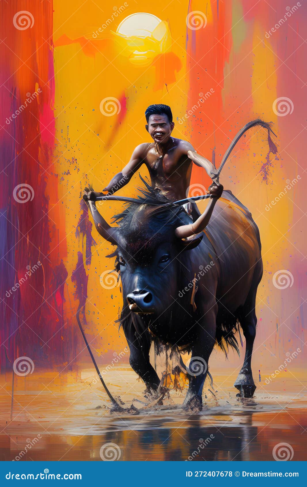 Image of the Man Riding Buffalo Racing and Splashing through a Muddy ...