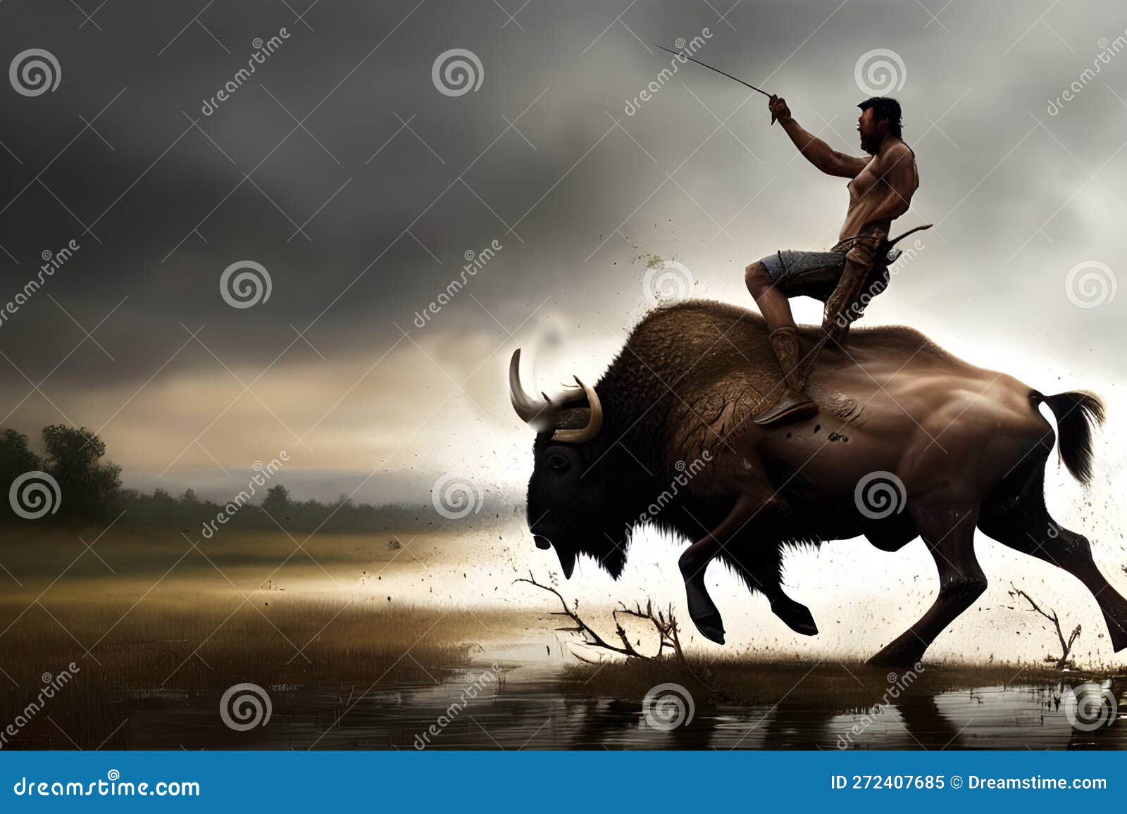 Image of the Man Riding Buffalo Racing and Splashing through a Muddy ...