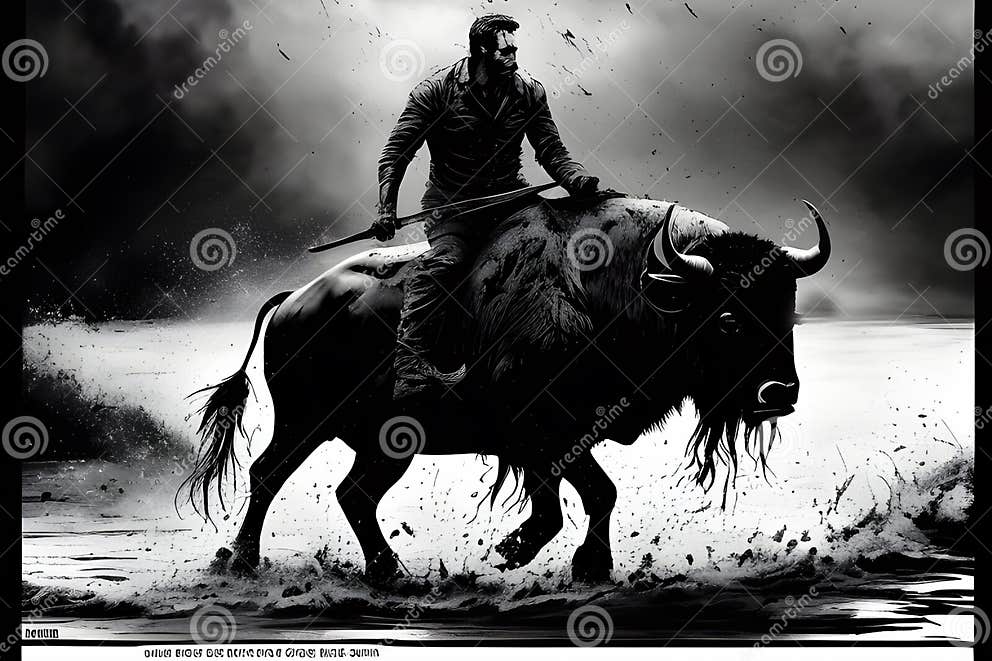 Image of the Man Riding Buffalo Racing and Splashing through a Muddy ...