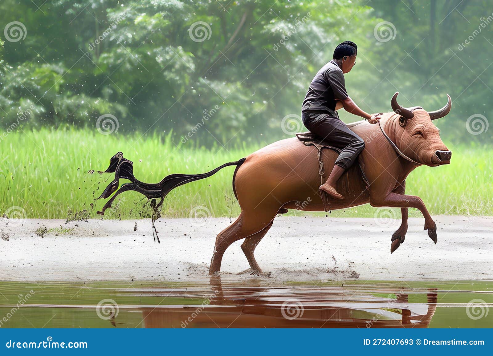 Image of the Man Riding Buffalo Racing and Splashing through a Muddy ...