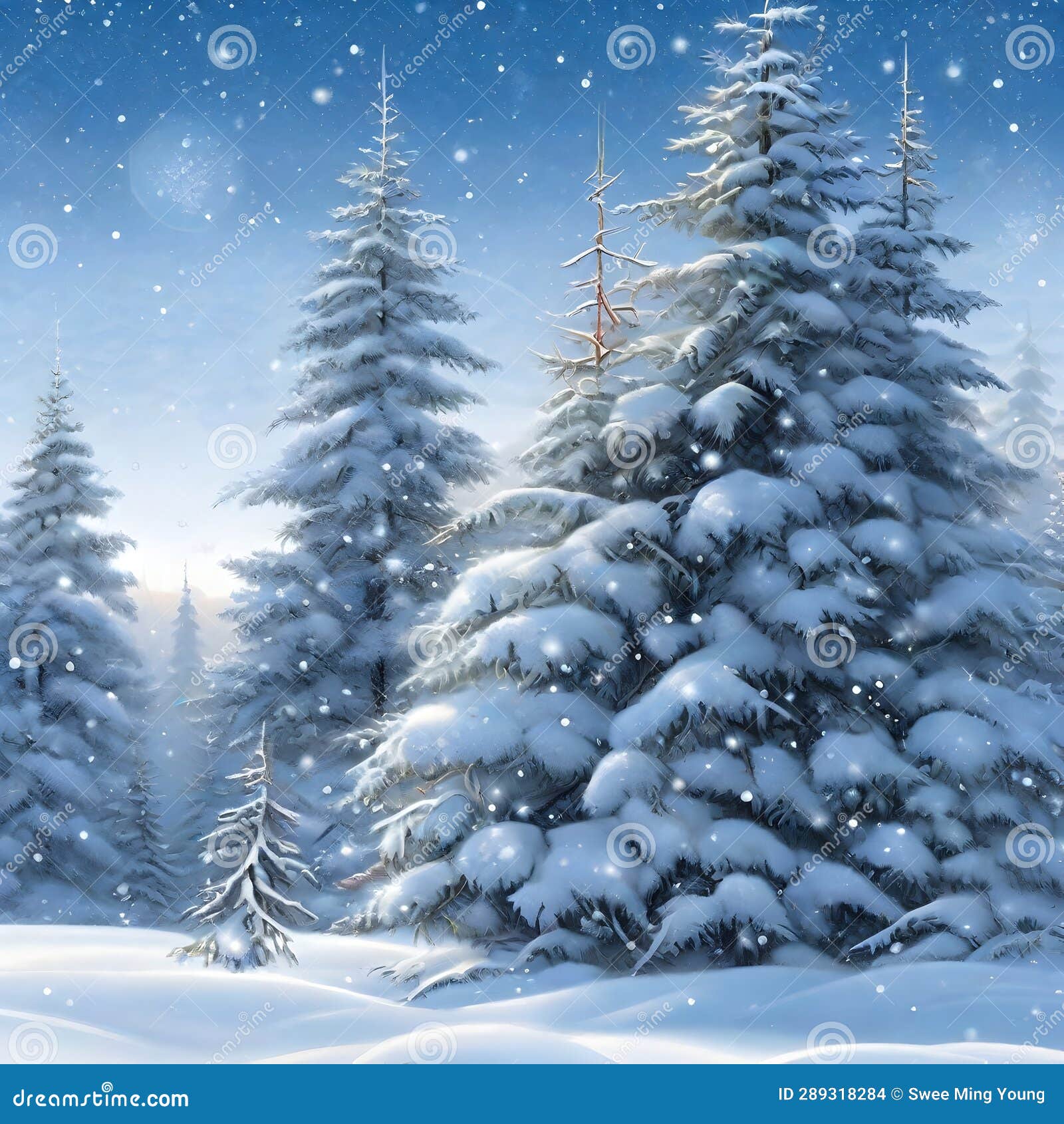 Winter Scene with a Snow-covered Forest and Spruce Tree with a Flurry ...