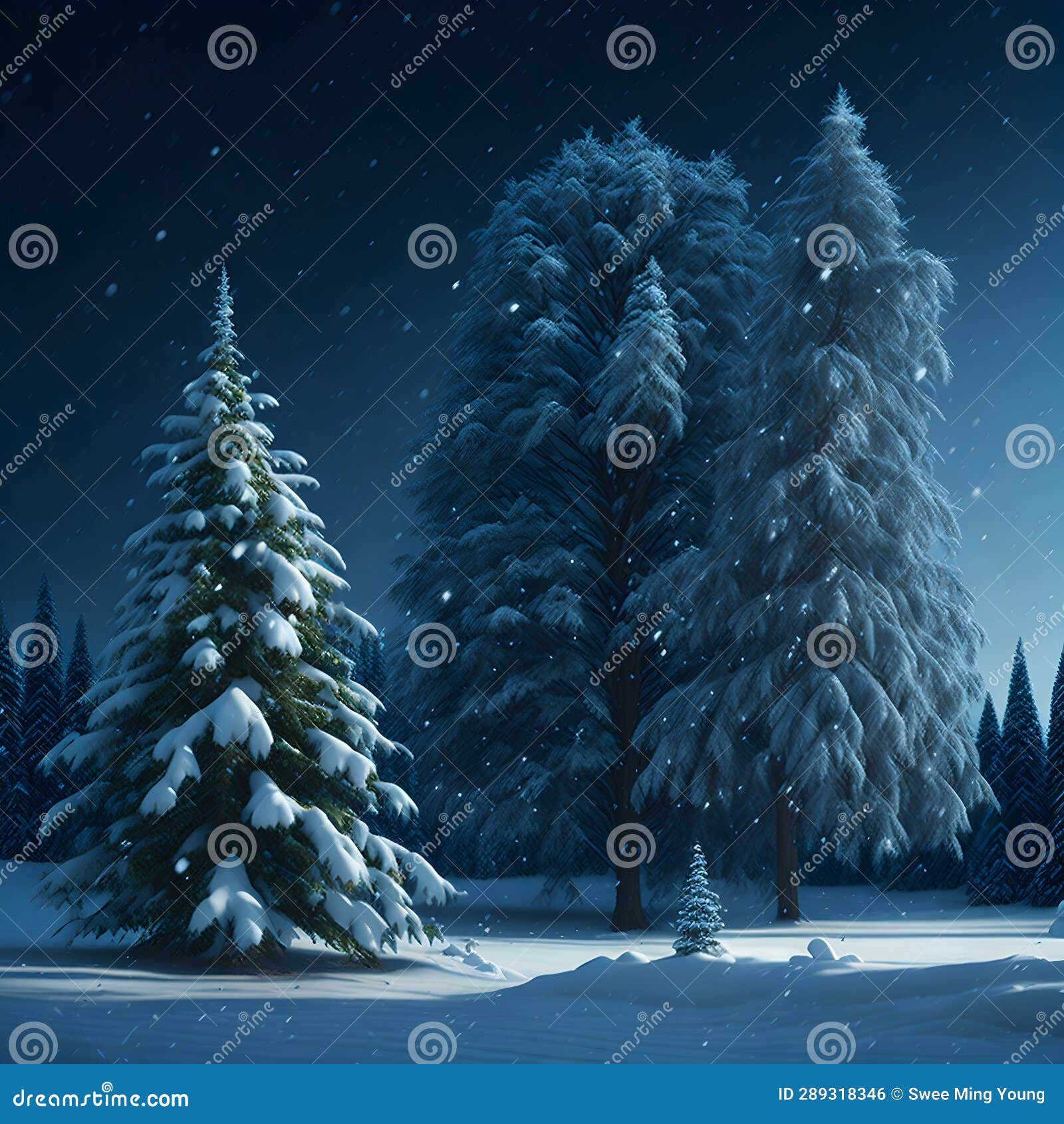 Winter Scene with a Snow-covered Forest and Spruce Tree with a Flurry ...