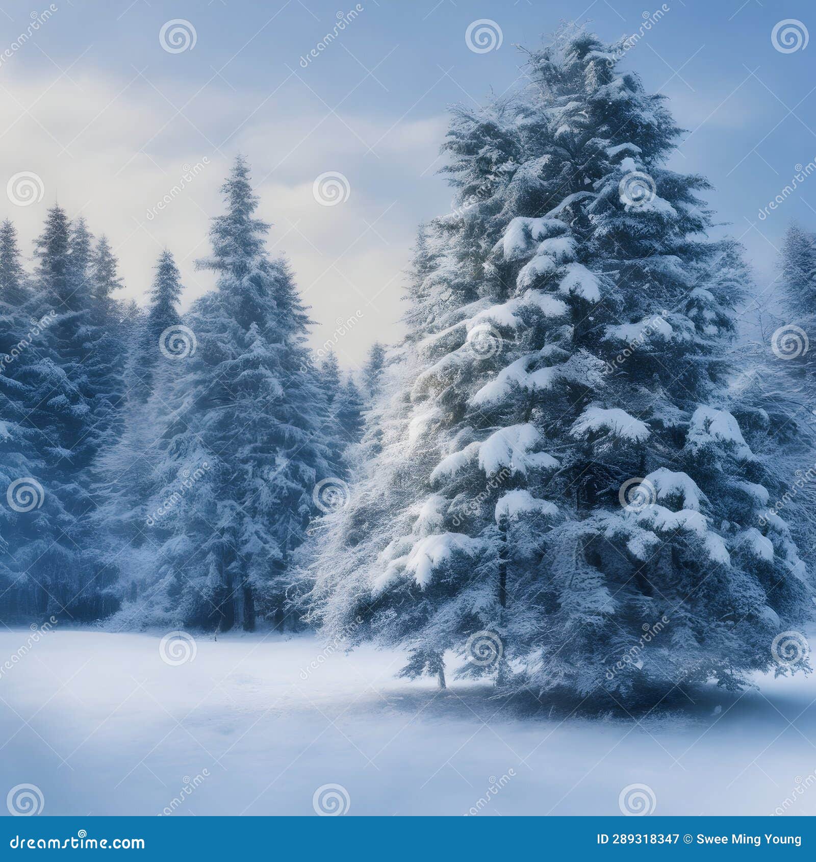 Winter Scene with a Snow-covered Forest and Spruce Tree with a Flurry ...