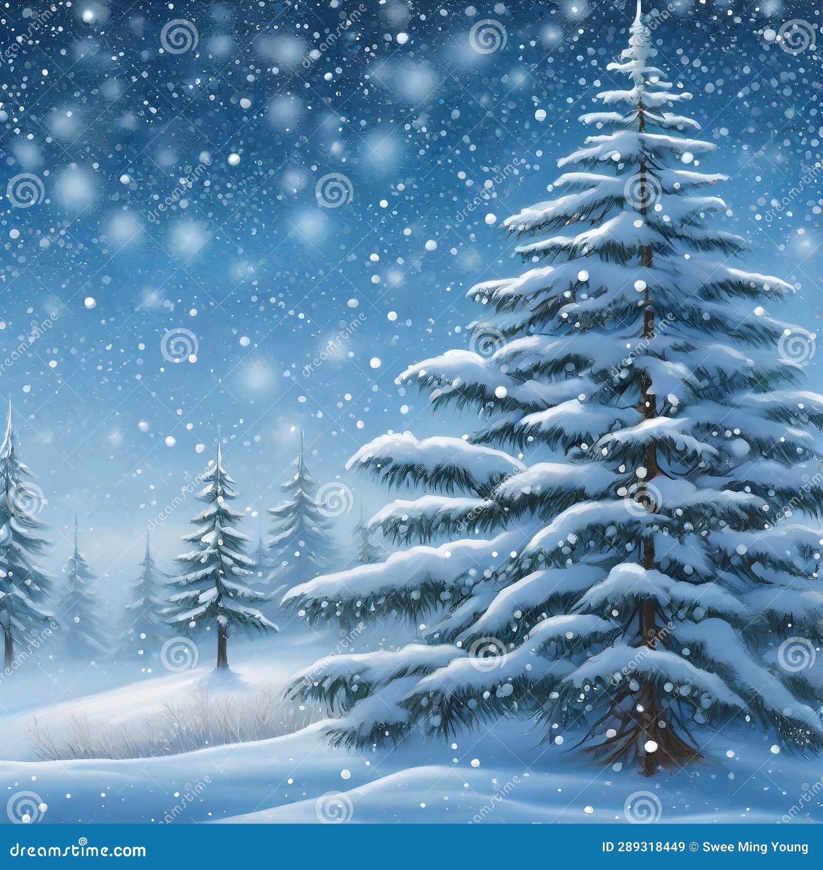 Winter Scene with a Snow-covered Forest and Spruce Tree with a Flurry ...