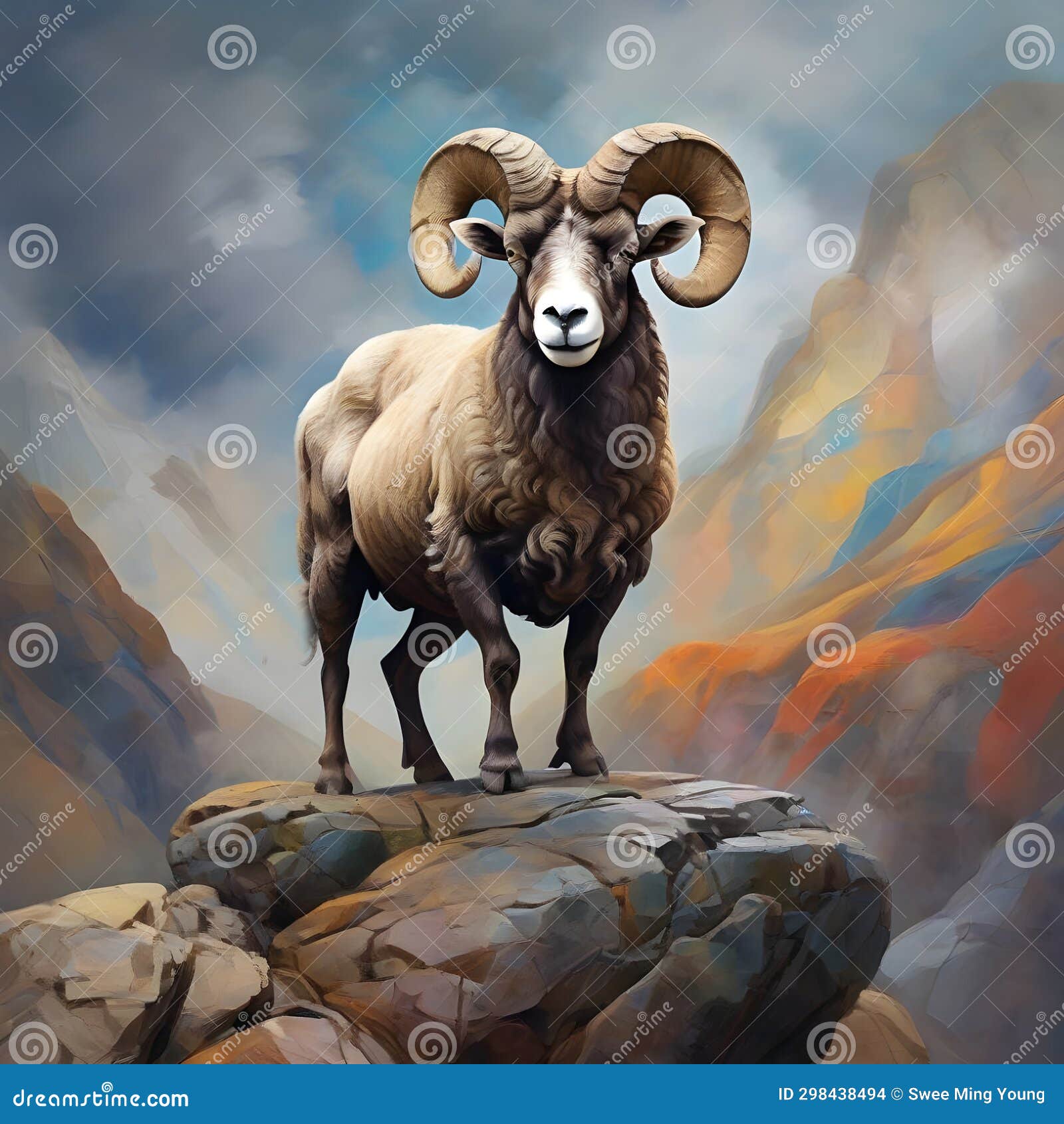 Painterly Image of a Ram Stands on Top of a Rock. Stock Illustration ...