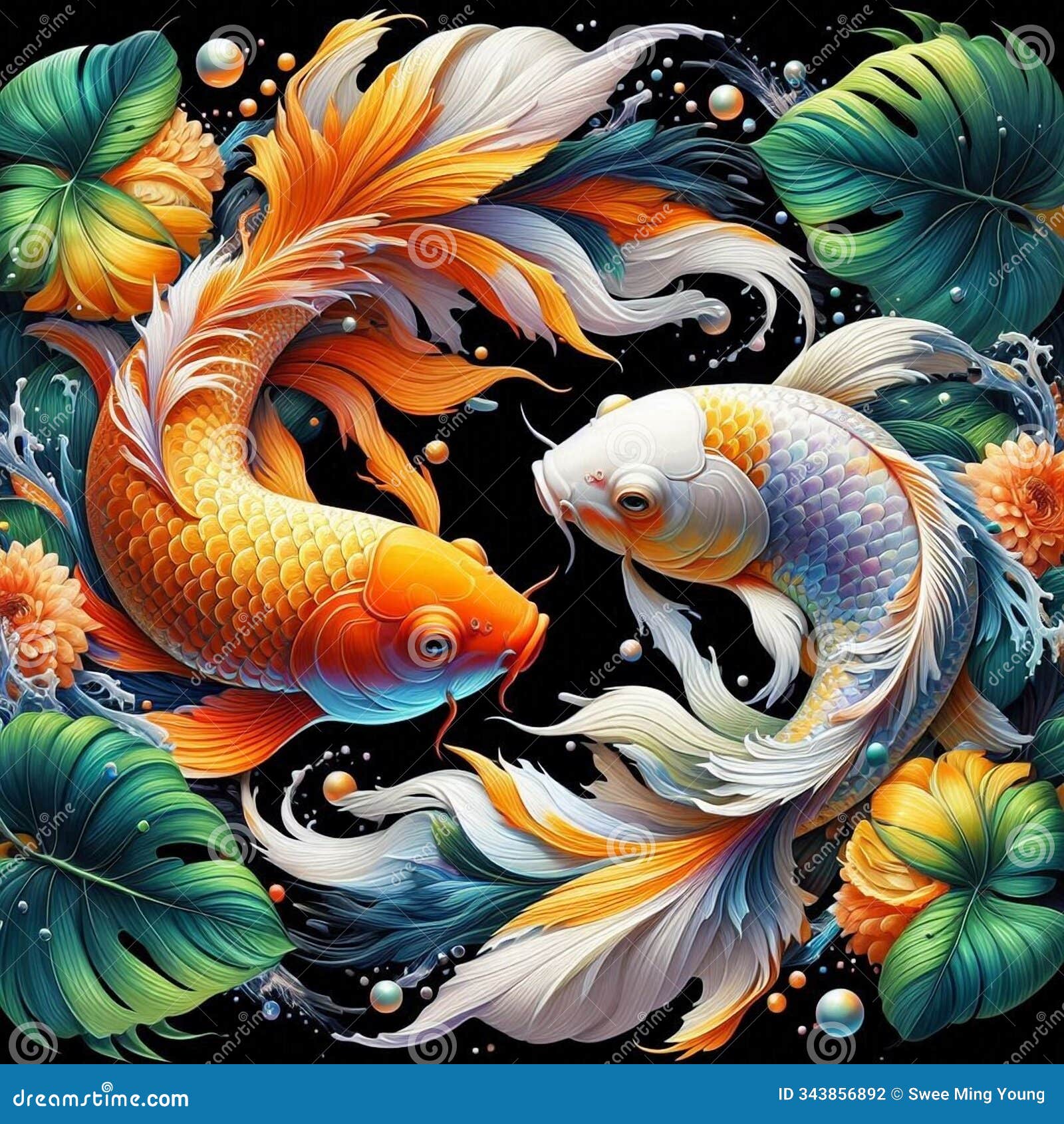 Painterly Wallpaper of Orange and Pearl White Colors of Two Koi Fish ...