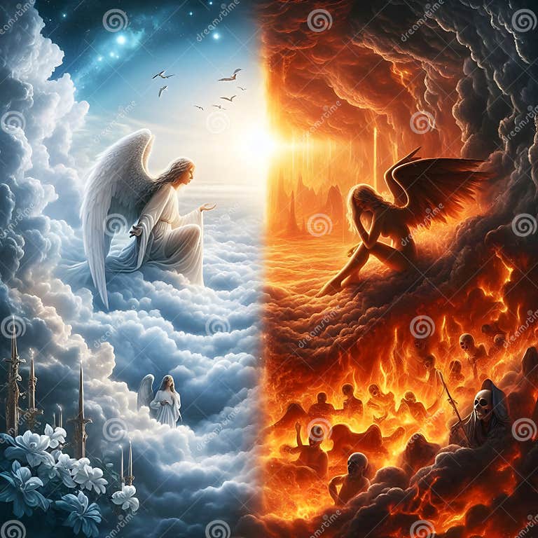 Split Image of the Heaven Verses Hell Where Heaven is Serene Landscape Compare with Fiery ...