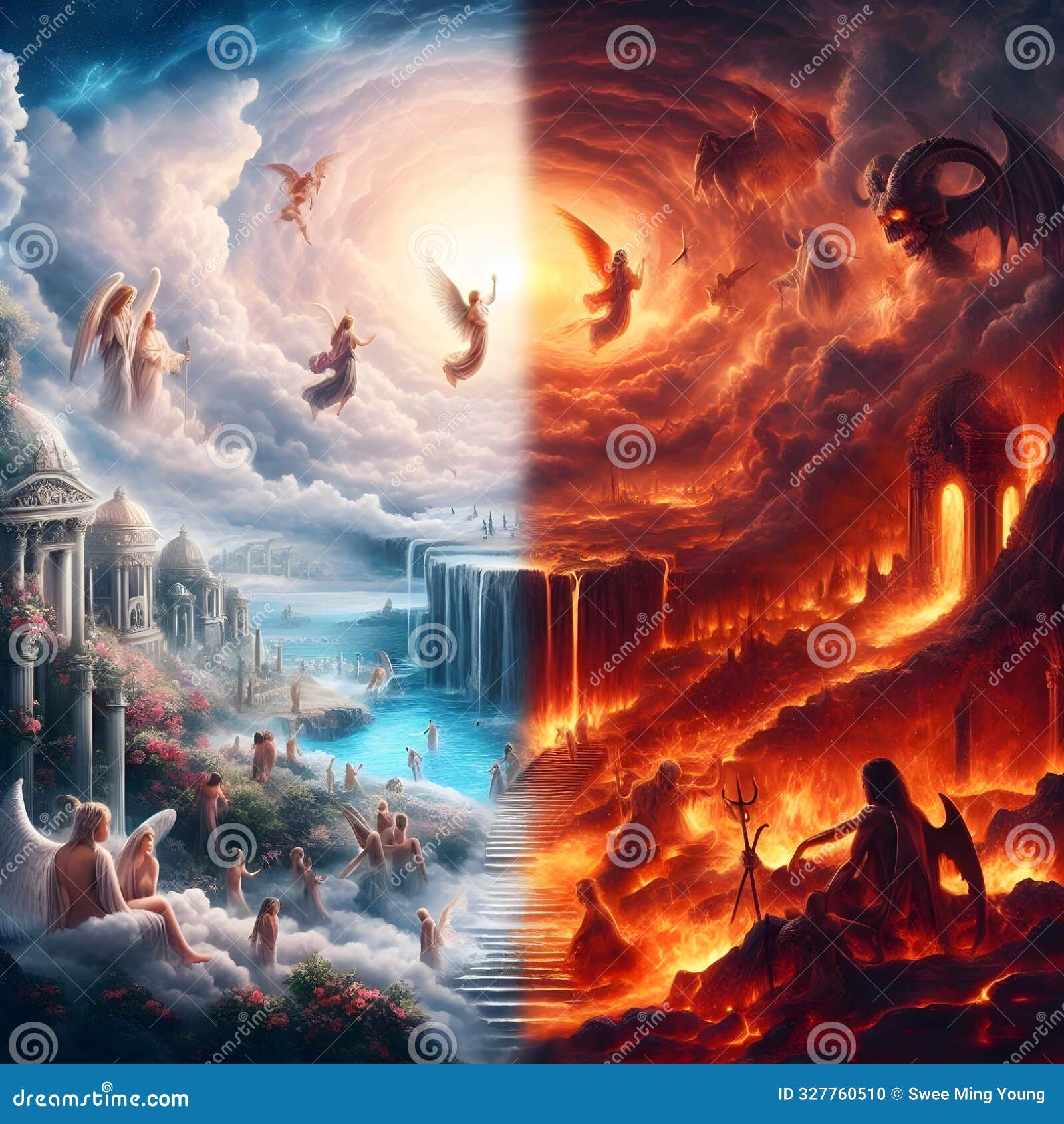Split Image of the Heaven Verses Hell Where Heaven is Serene Landscape ...