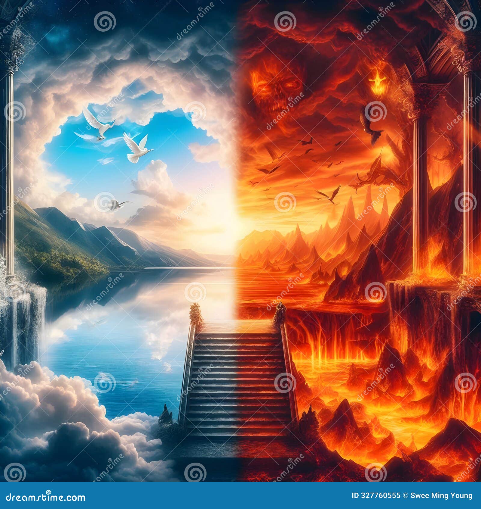 Split Image of the Heaven Verses Hell Where Heaven is Serene Landscape Compare with Fiery ...