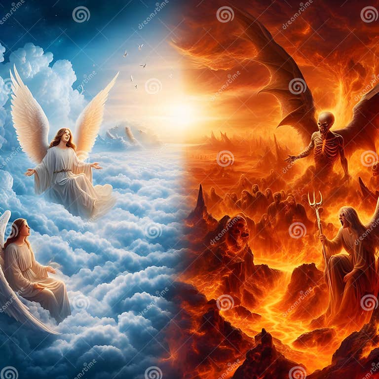 Split Image of the Heaven Verses Hell Where Heaven is Serene Landscape ...