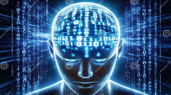 Artificial Intelligence. Glowing Head with Circuit Paths and Binary Numbers Data Flowing through ...