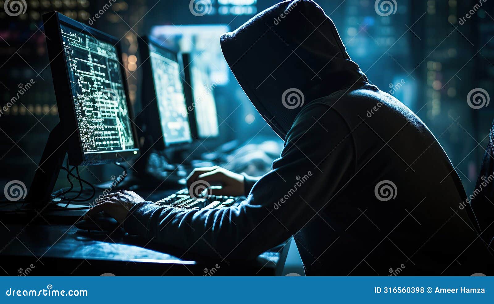 Artificial Intelligence, a Hacker Using Laptop, Sitting on Chair, Big ...