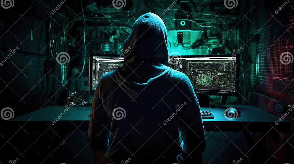 Artificial Intelligence, a Hacker Using Laptop, Sitting on Chair, Big ...