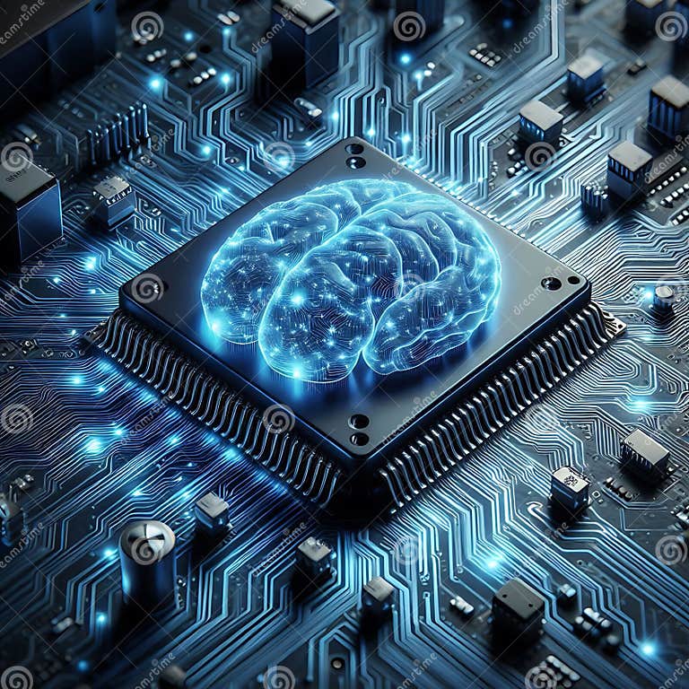 Artificial Intelligence Hardware Concept: Glowing Blue Brain Circuit on ...