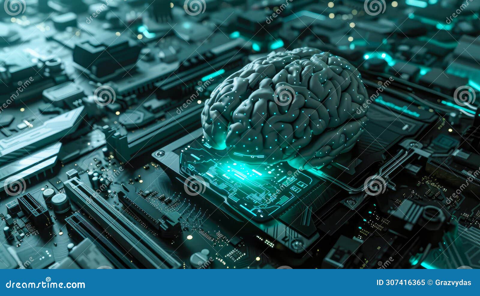 Glowing Blue Brain on Computer Motherboard. Big Data Processing ...