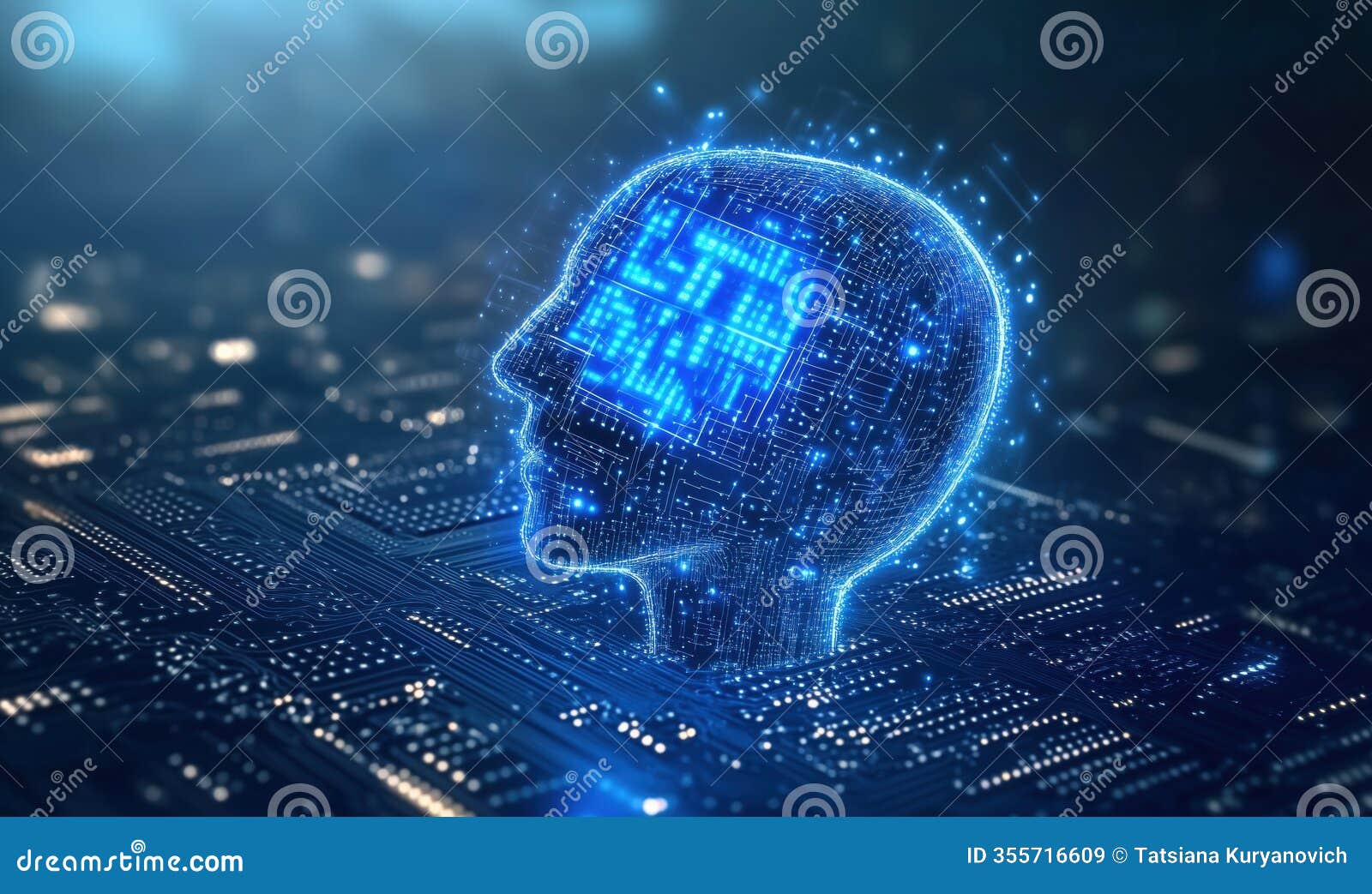 Artificial Intelligence Head with Circuitry Design, Digital Brain Concept, Futuristic Technology ...