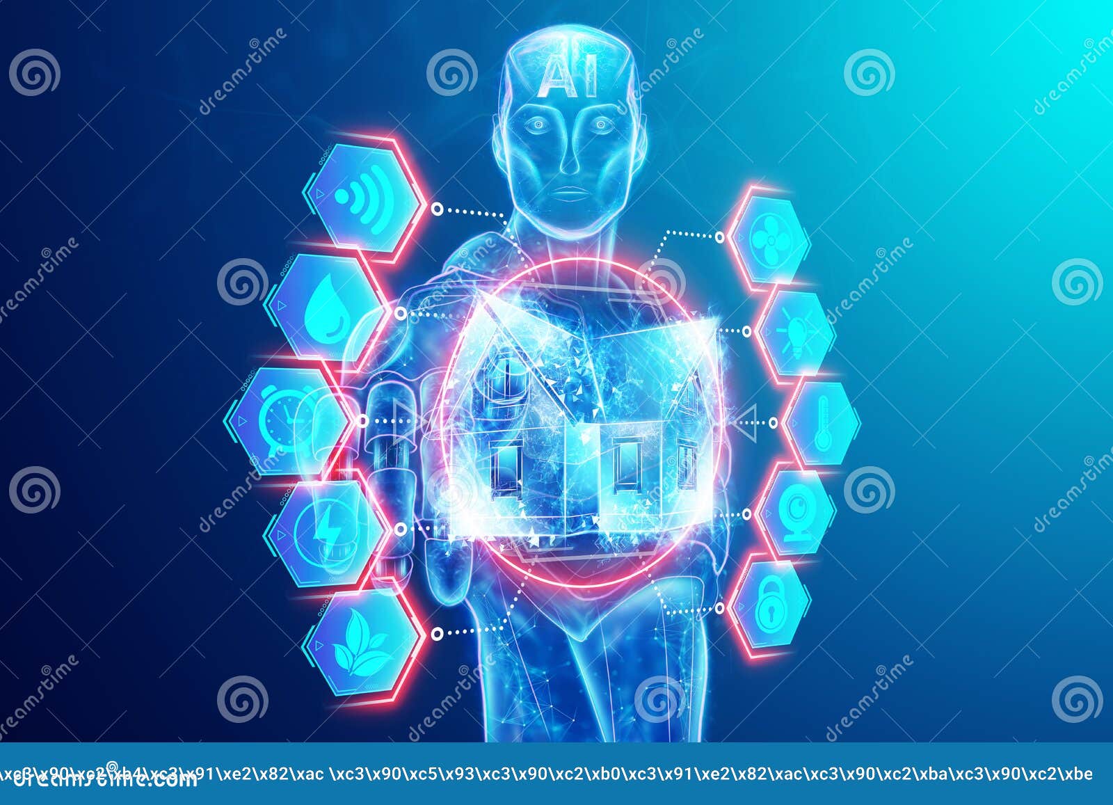 Artificial Intelligence Hologram and Smart Home Interface on Blue ...