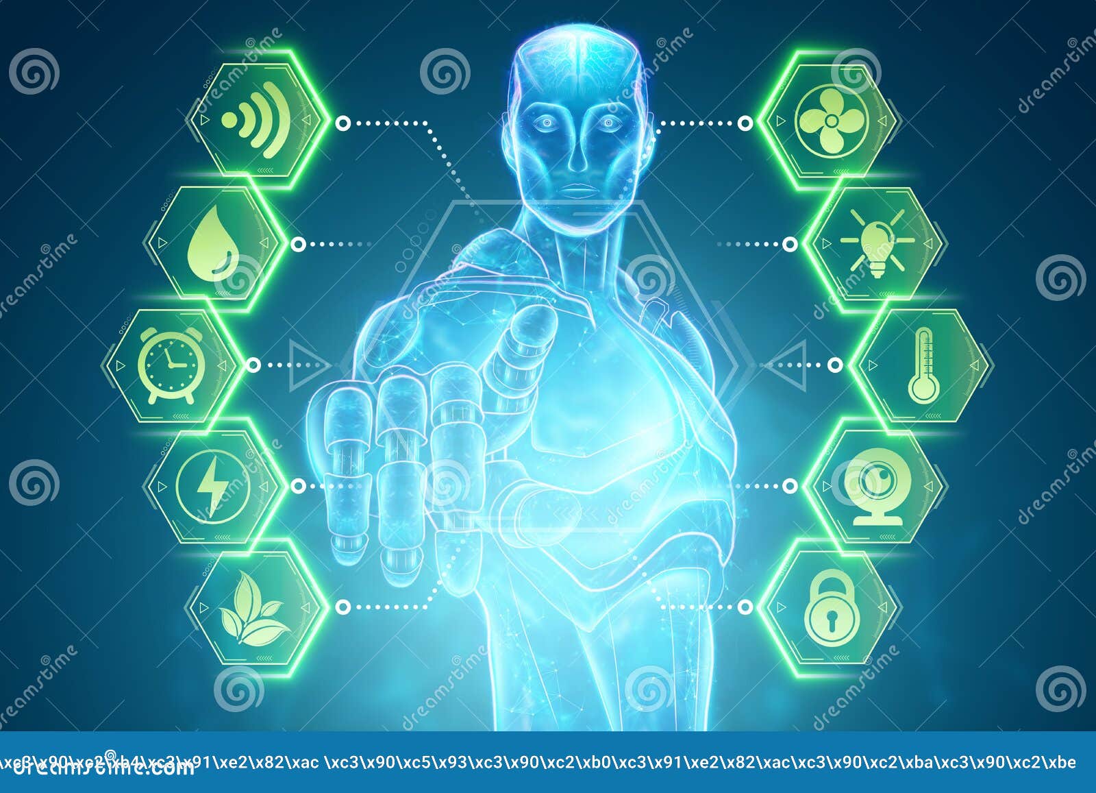 Artificial Intelligence Hologram and Smart Home Interface on Blue ...