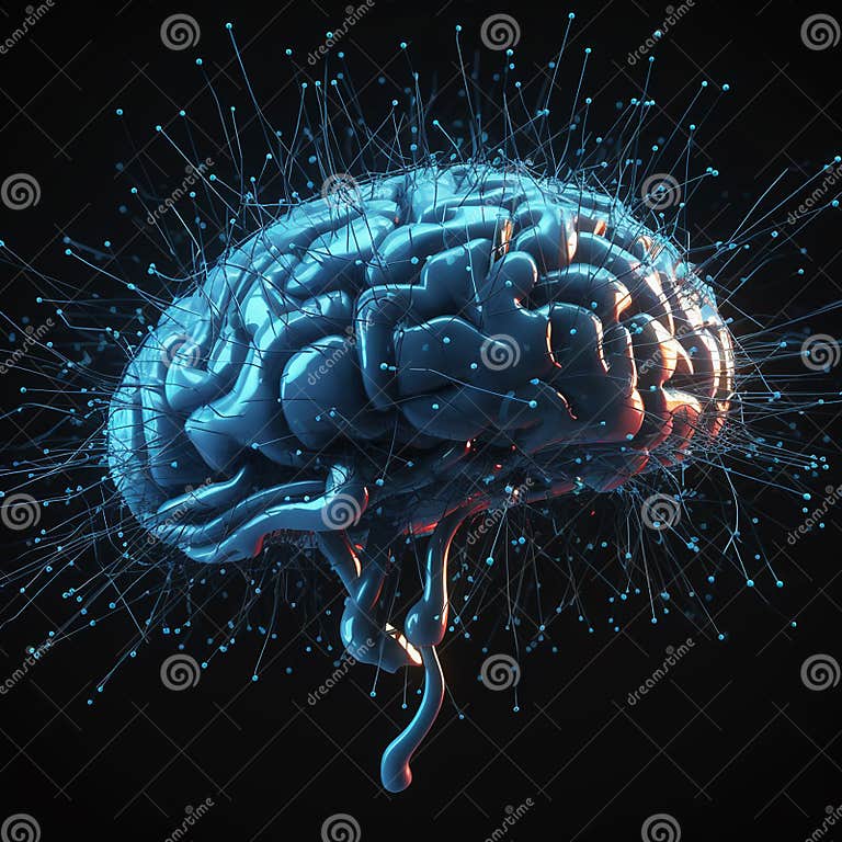 Artificial Intelligence. Human Brain on a Black Background and Blue ...