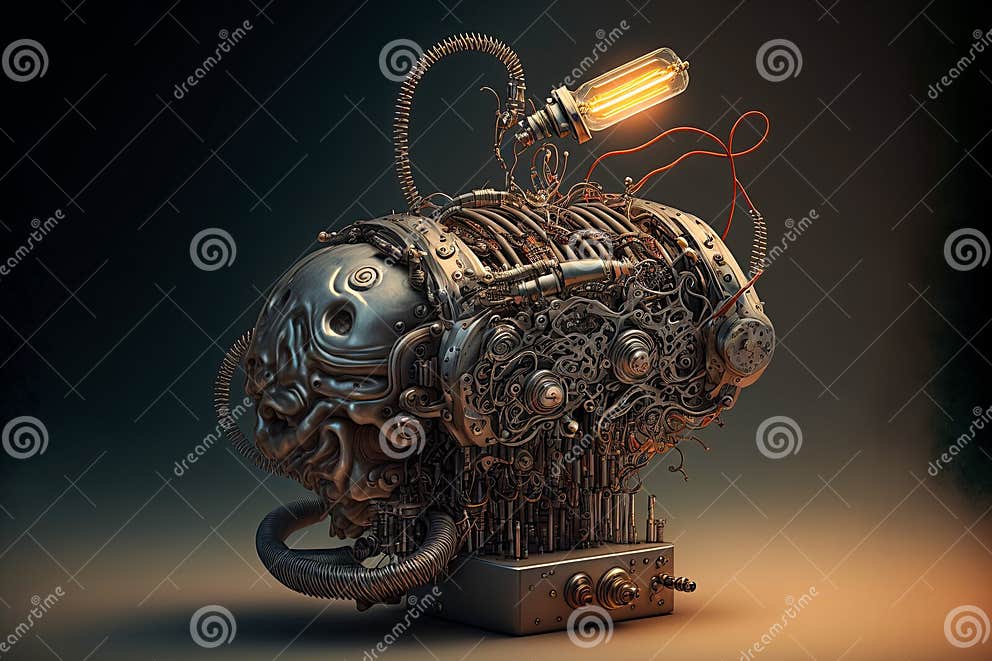 Artificial Intelligence. Human Brain Machine in Steampunk Style Stock ...