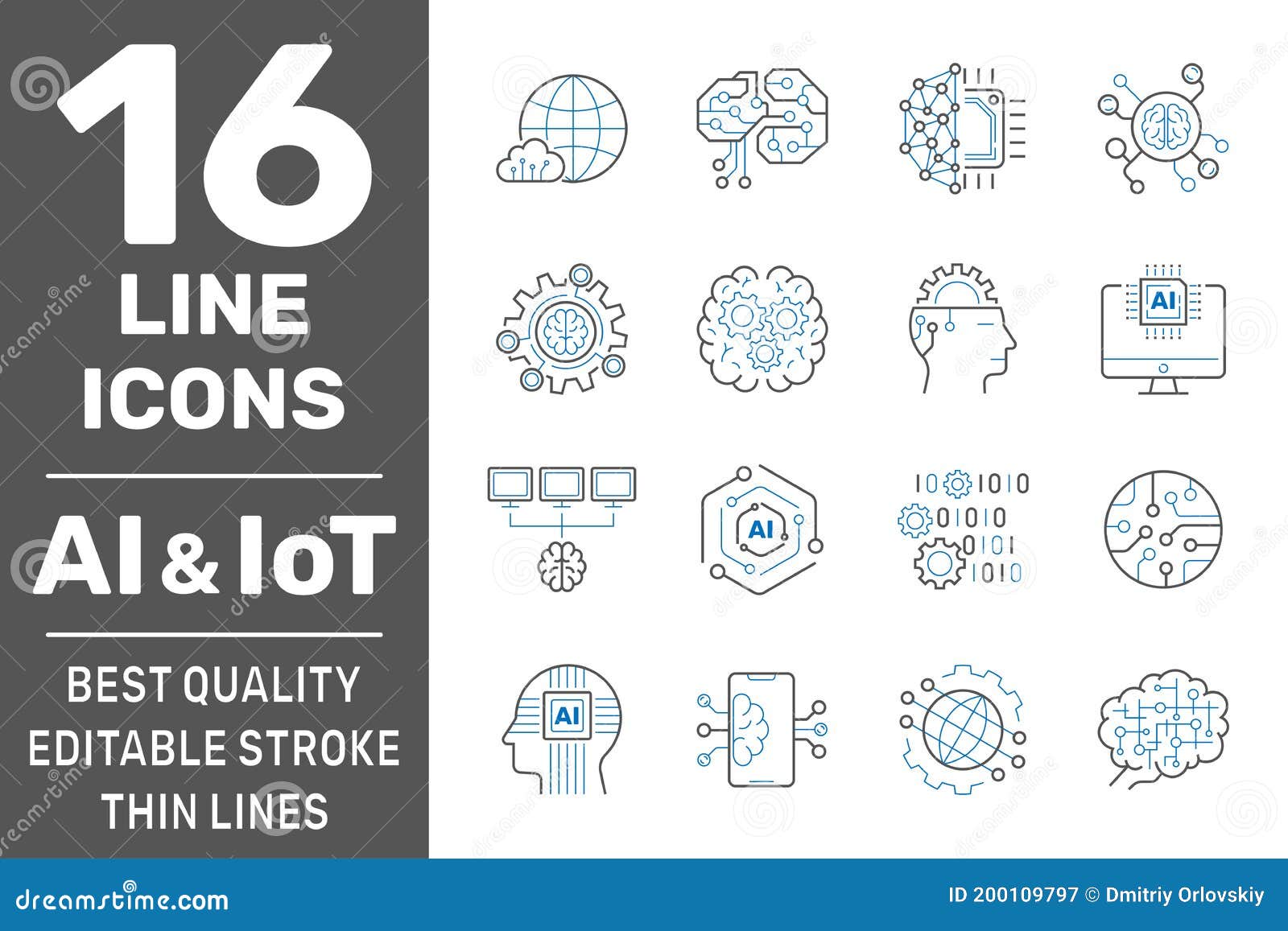 Artificial Intelligence and IoT Thin Icons Set. AI, Iot, IIoT, Factory ...