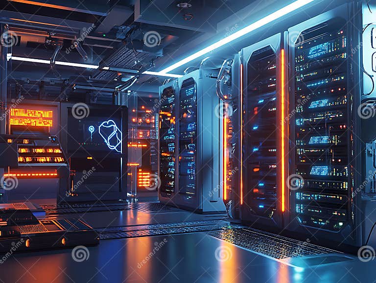Artificial Intelligence Lab Featuring Server Racks and Glowing LED ...