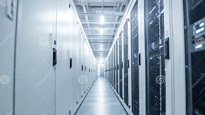 Artificial Intelligence and Large Language Model Training Cluster. White Server Cabinets Inside ...