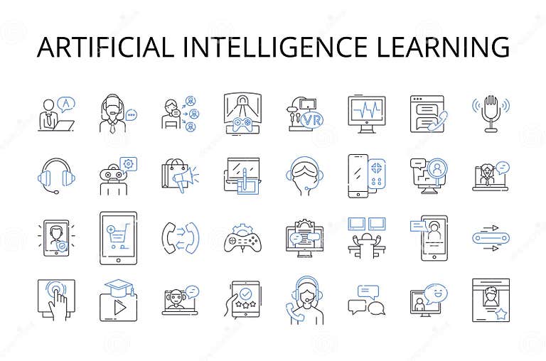 Artificial Intelligence Learning Line Icons Collection. Machine Learning, Cognitive Computing ...