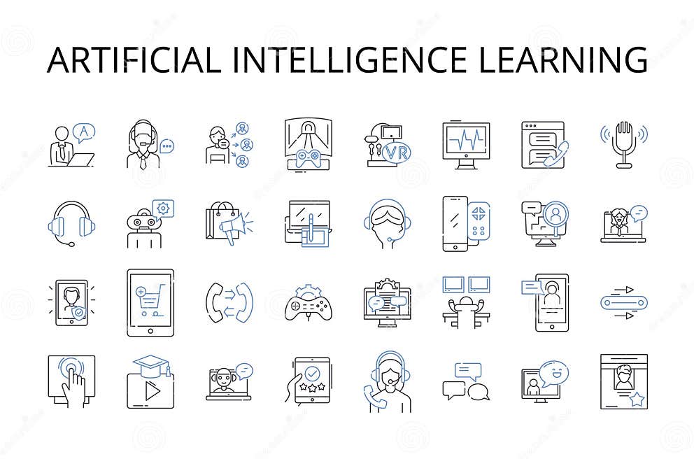 Artificial Intelligence Learning Line Icons Collection. Machine Learning, Cognitive Computing ...