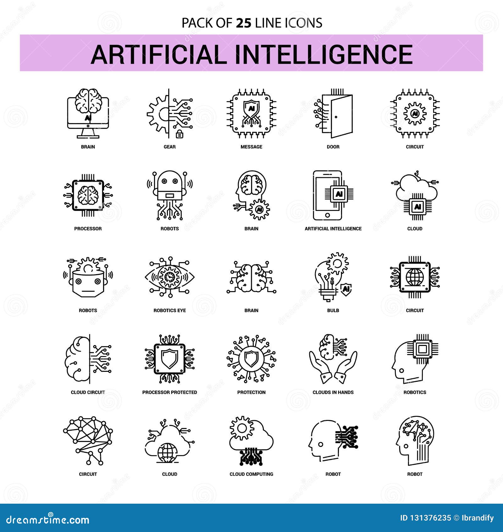 Artificial Intelligence Line Icon Set - 25 Dashed Outline Style Stock ...
