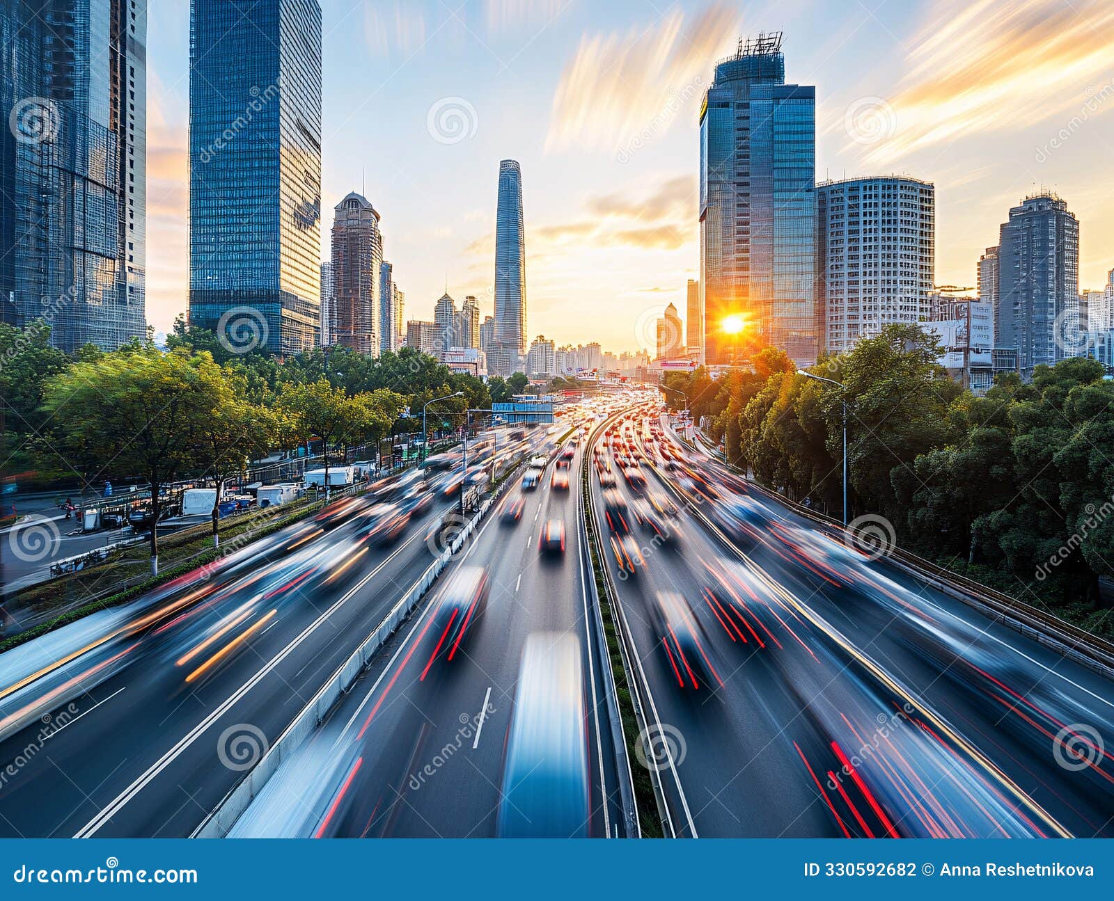 Artificial Intelligence. Long Exposure. Highway in the City at Sunset ...