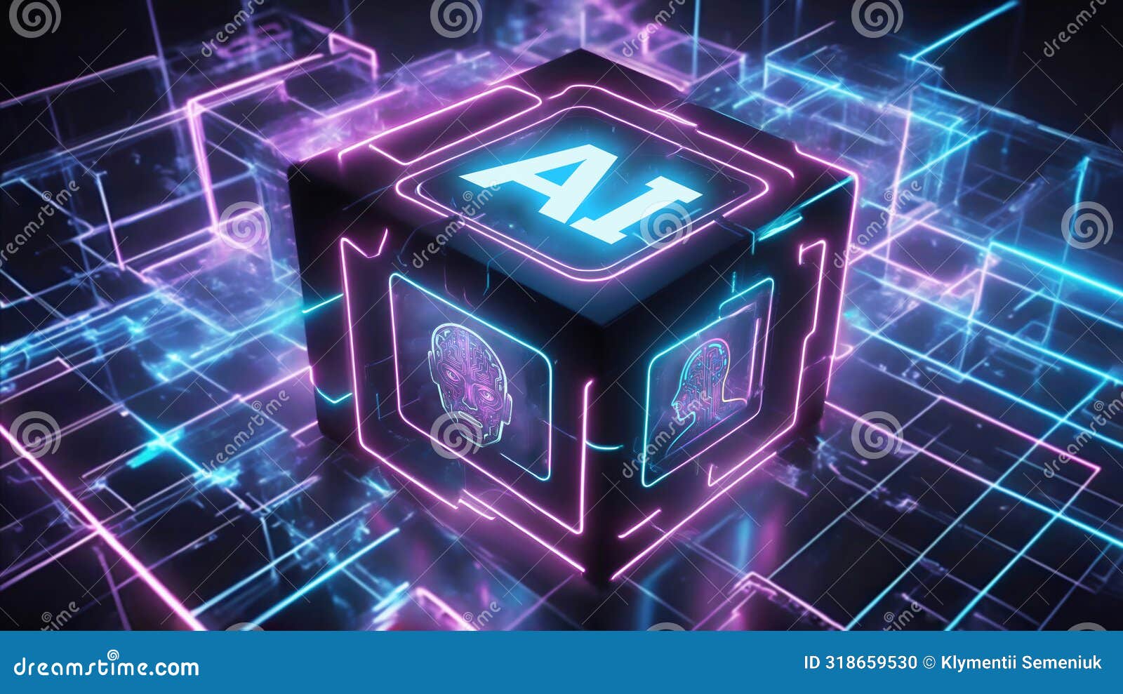 Artificial Intelligence Neon Cube Processor on Circuit Board Working on ...