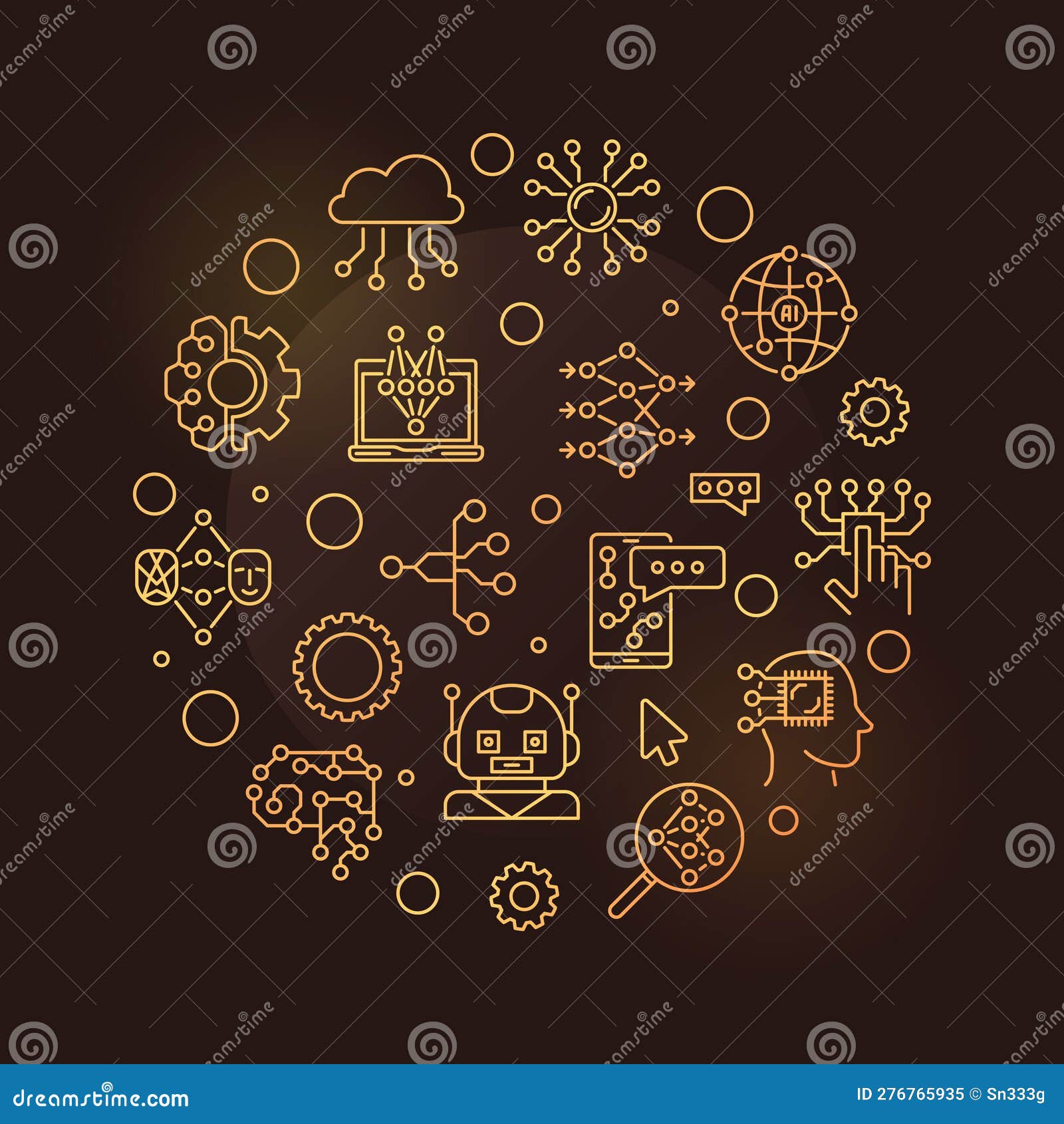 Artificial Intelligence and Neural Network Outline Round Vector Golden ...