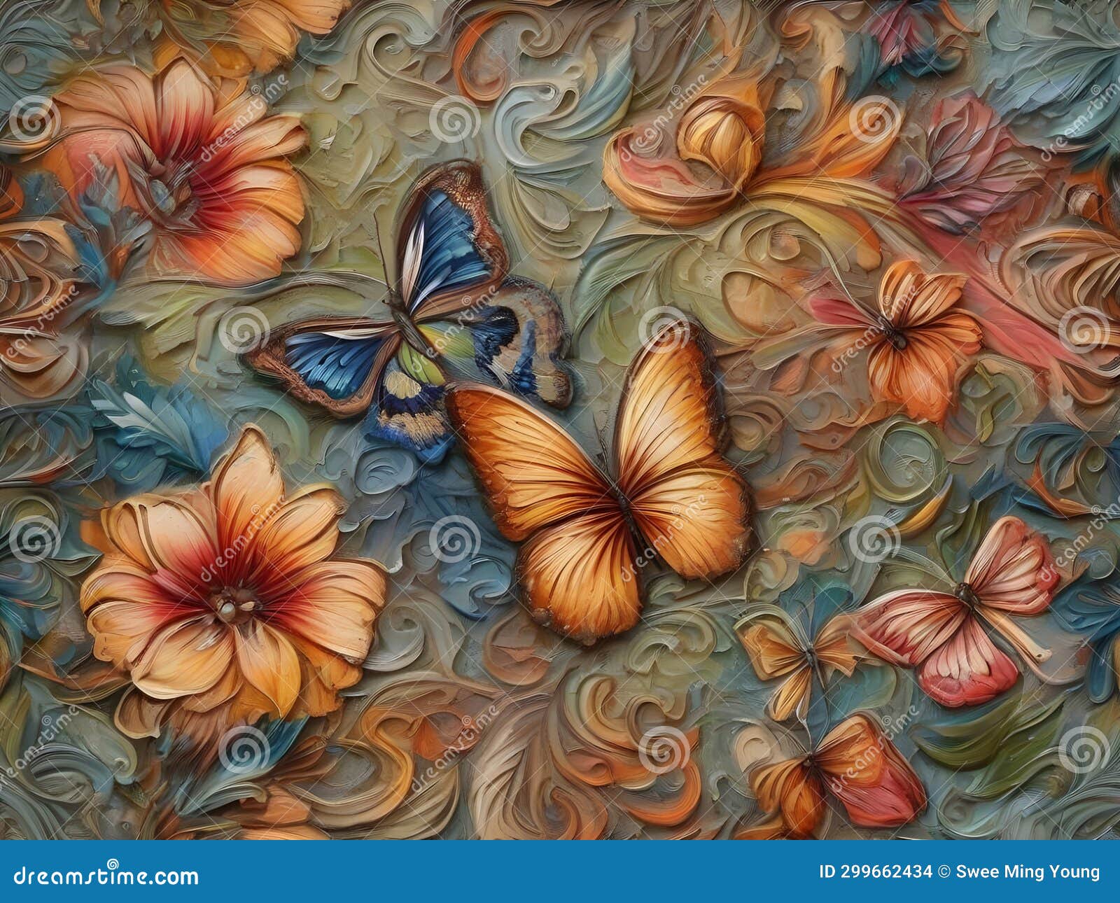 Image of Colorful Flowers and Butterflies in Medium Impasto Style. Stock Illustration ...