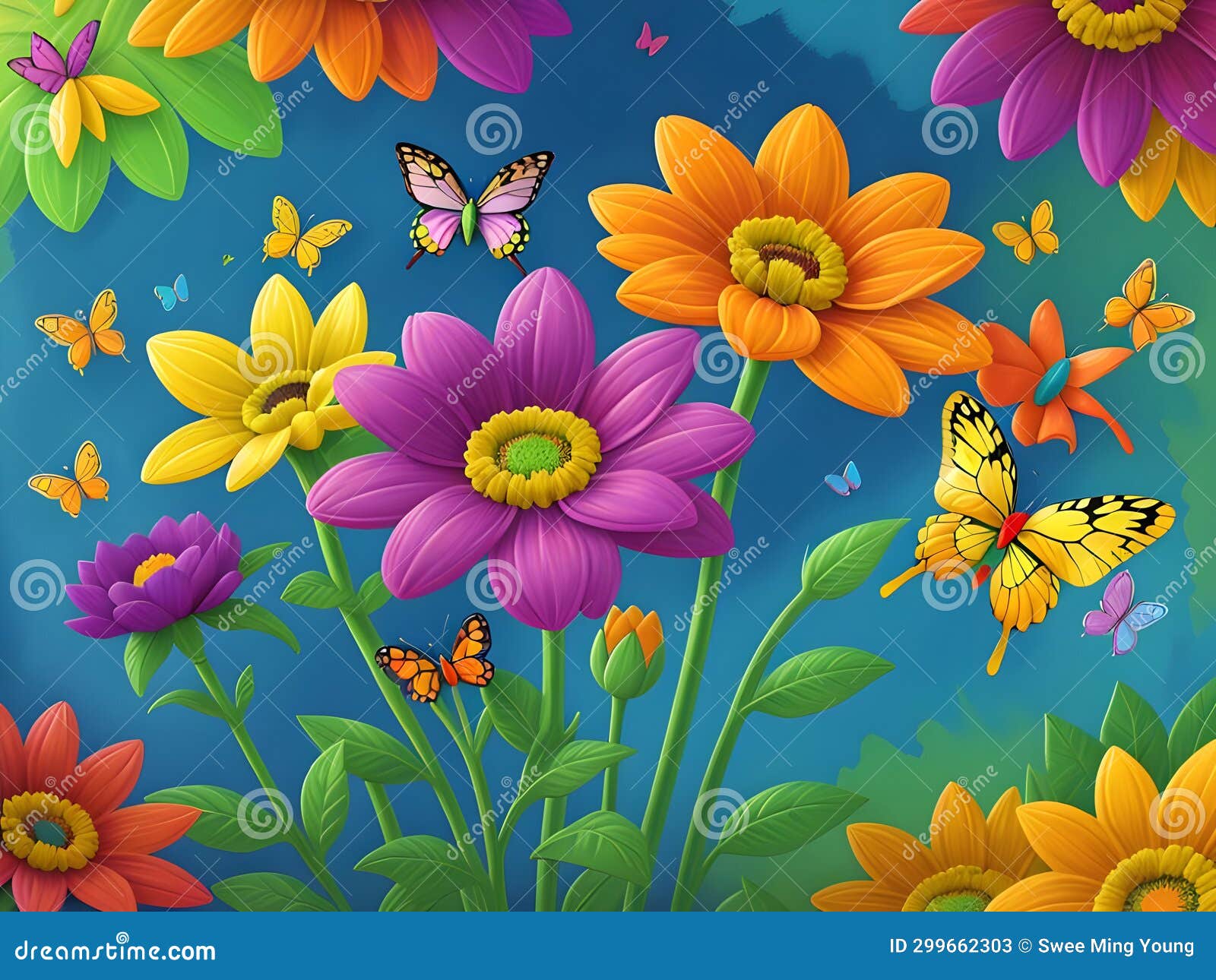 Image of Colorful Flowers and Butterflies in Medium Impasto Style. Stock Illustration ...