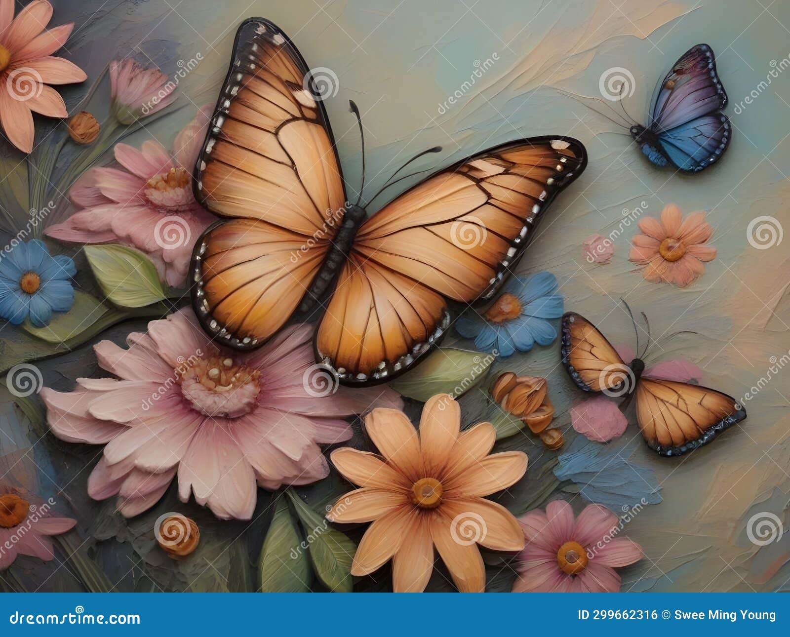 Image of Colorful Flowers and Butterflies in Medium Impasto Style. Stock Illustration ...