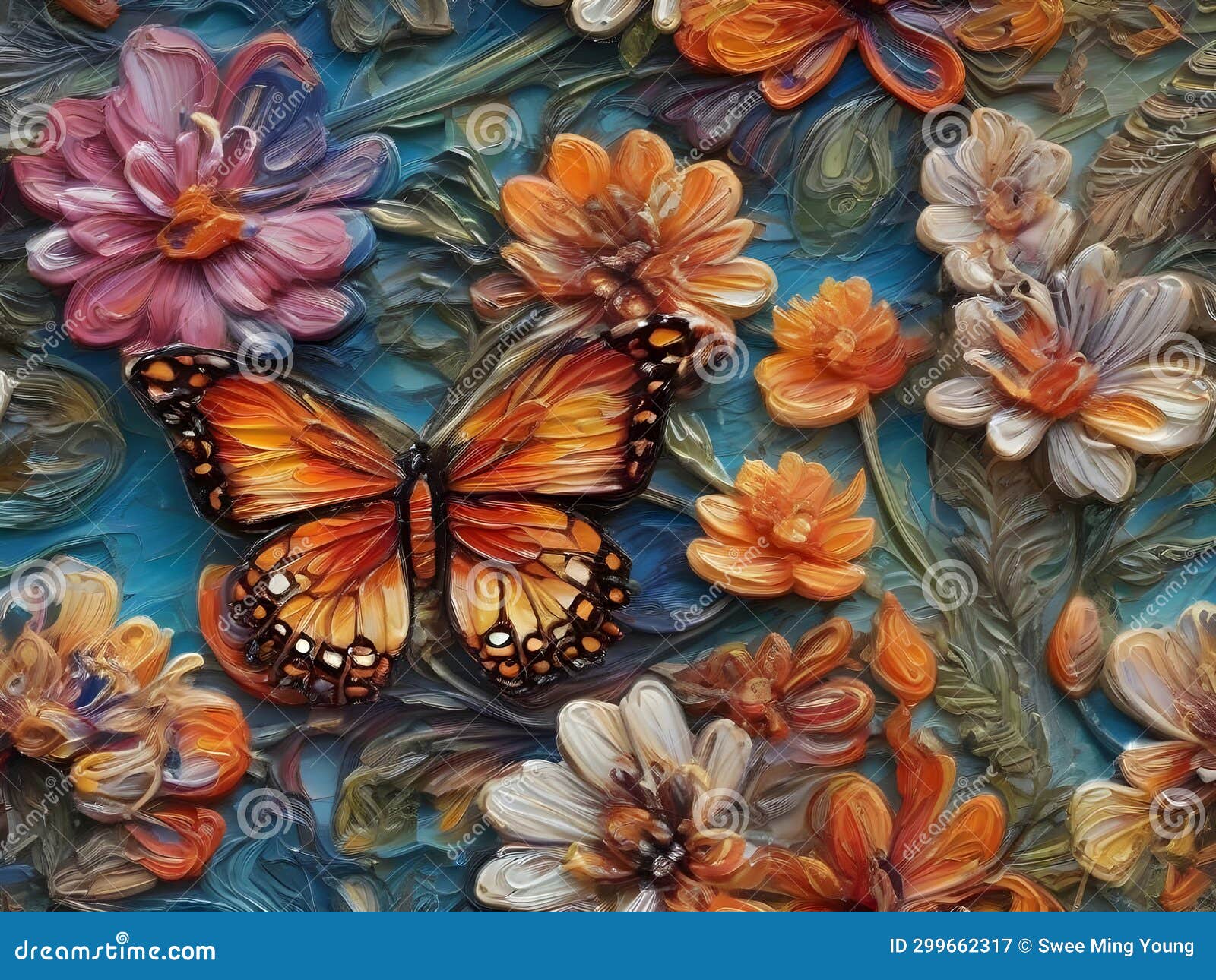 Image of Colorful Flowers and Butterflies in Medium Impasto Style. Stock Illustration ...