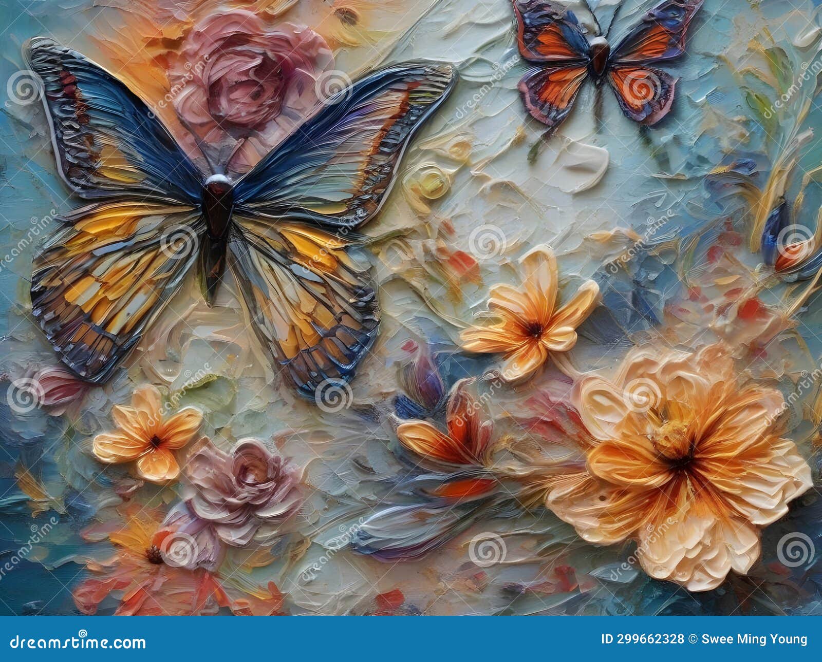Image of Colorful Flowers and Butterflies in Medium Impasto Style. Stock Illustration ...