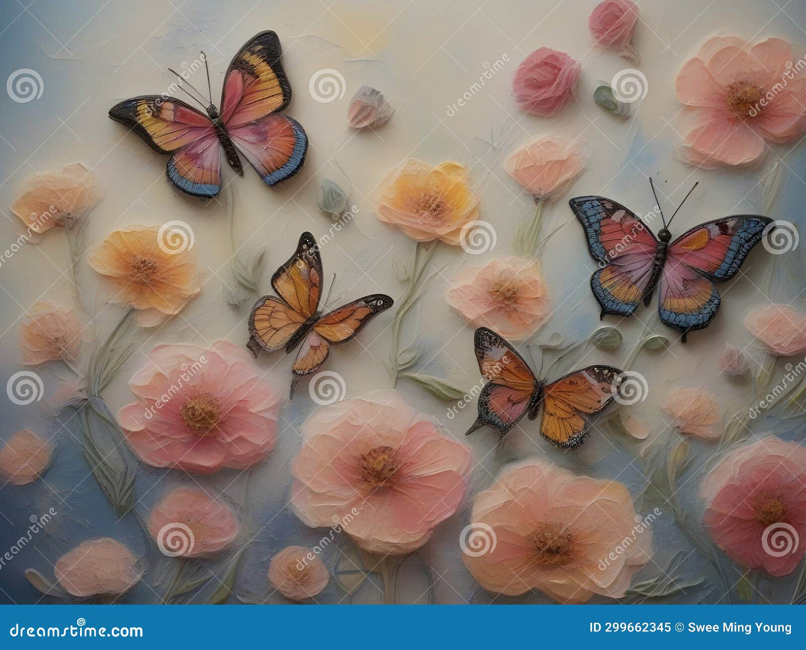 Image of Colorful Flowers and Butterflies in Medium Impasto Style. Stock Illustration ...