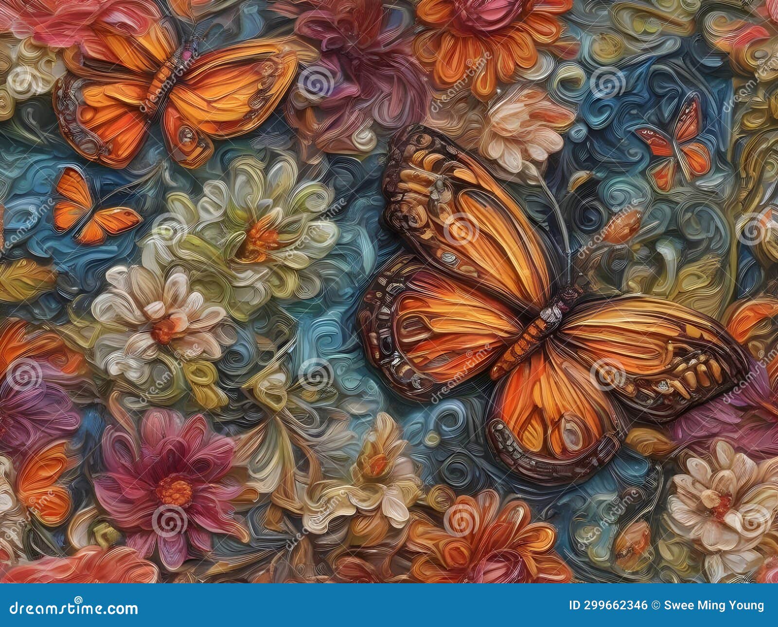 Image of Colorful Flowers and Butterflies in Medium Impasto Style. Stock Illustration ...