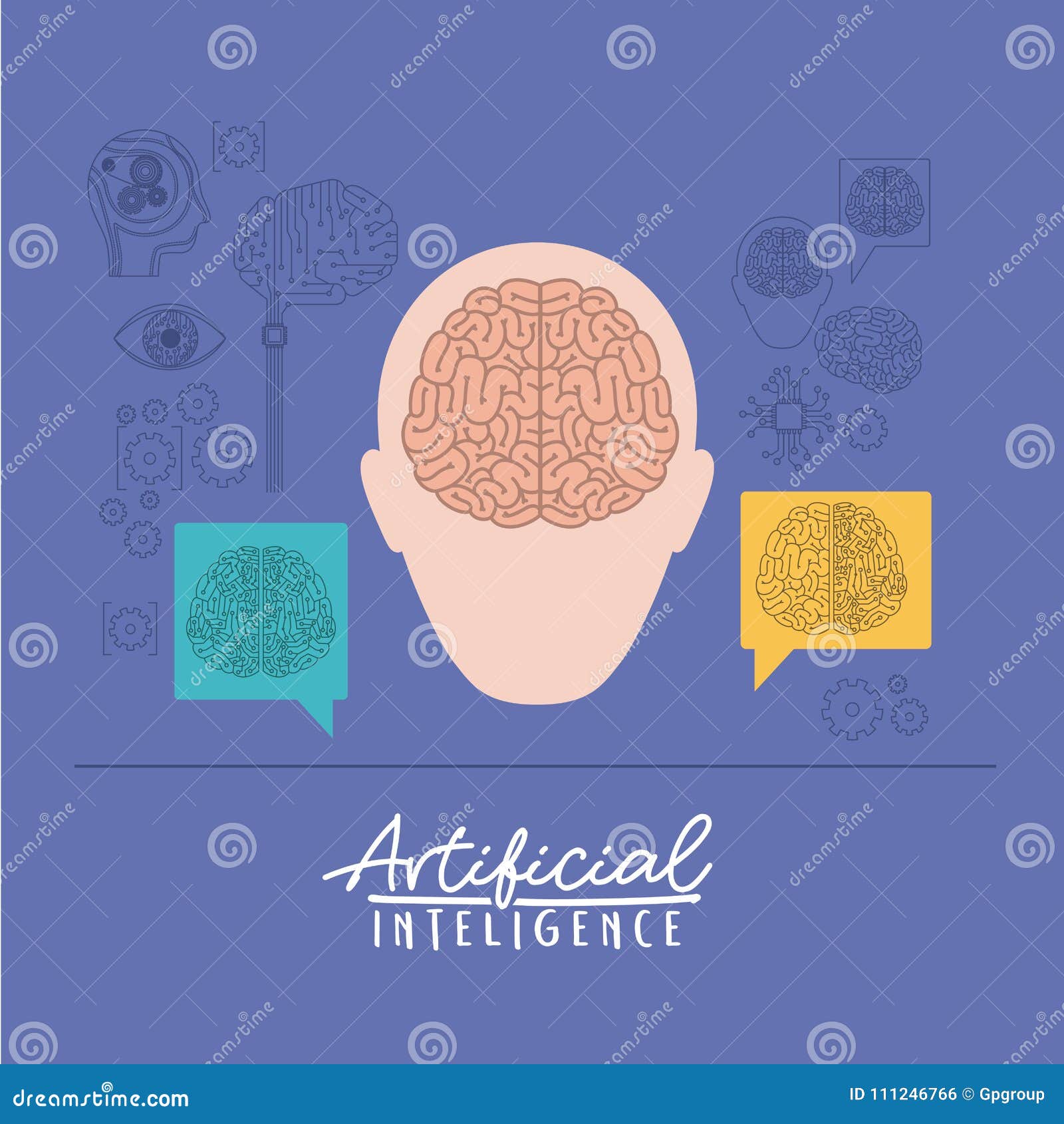 Artificial Intelligence Poster with Human Head Silhouette with Brain in Front View in Violet ...