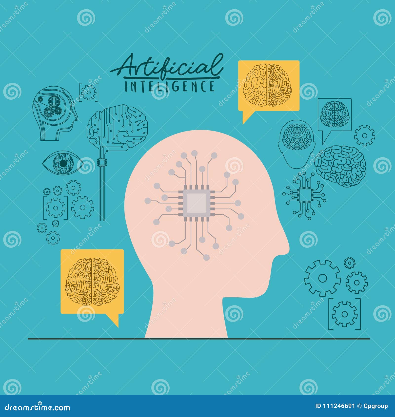 Artificial Intelligence Poster With Human Head Silhouette Side View With Chip Microprocessor ...