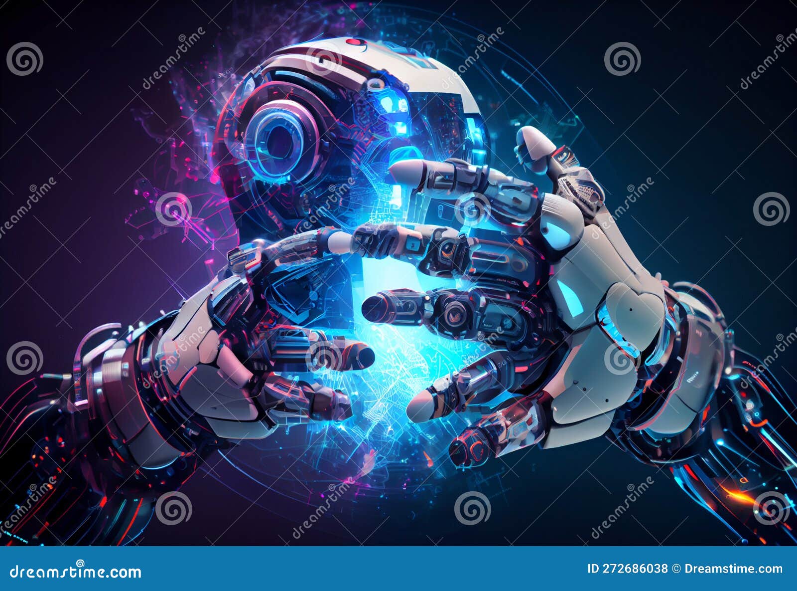 Robot Finger Point To Laptop Button with Flare Light Effect. AI ...