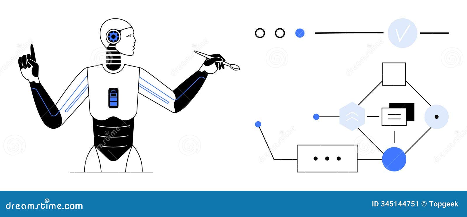 Artificial Intelligence Robot Analyzing Data Flow And Making Calculations With Flowchart Cartoon ...