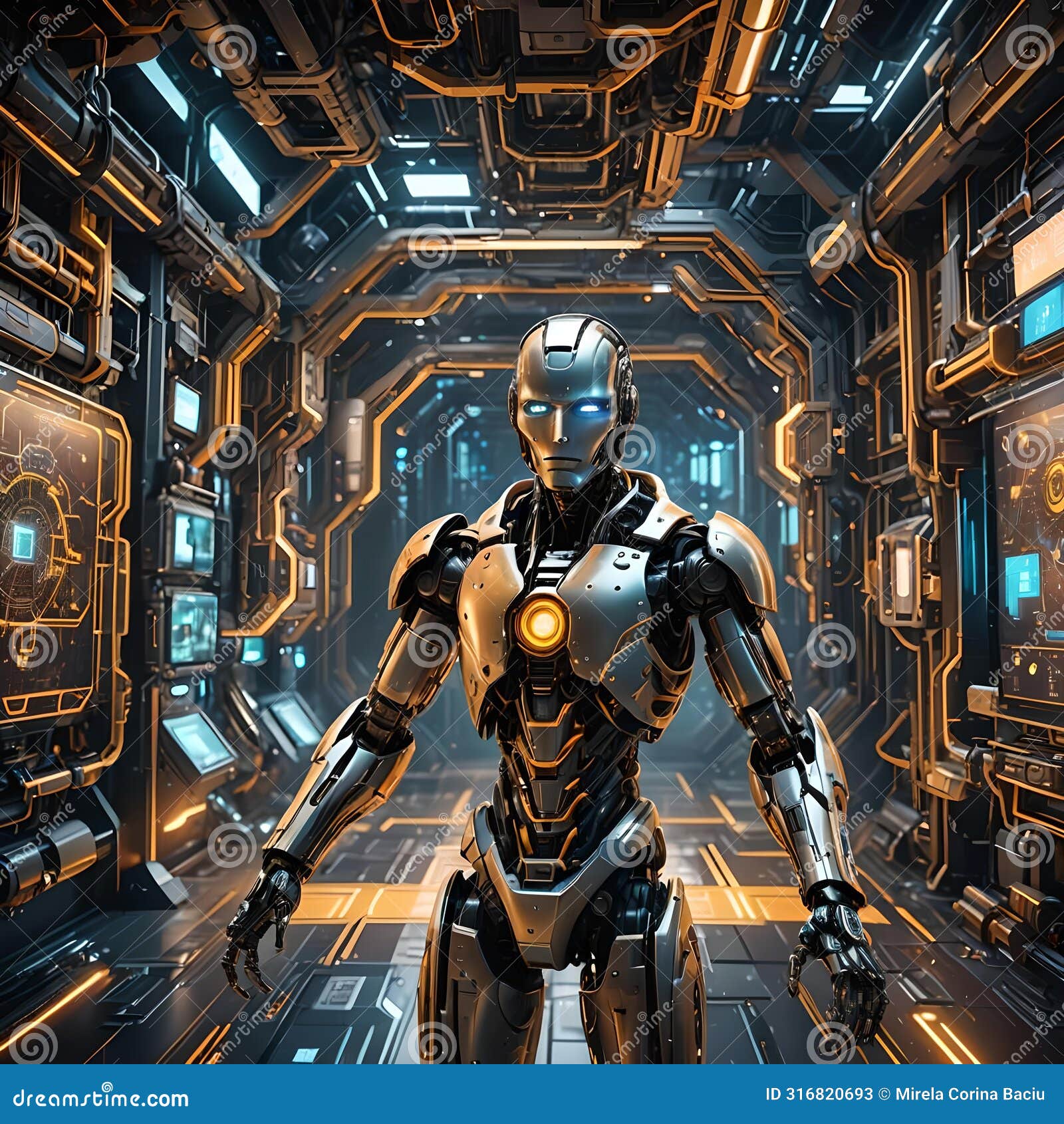 Artificial Intelligence Robot Connected To the Spaceship Stock ...