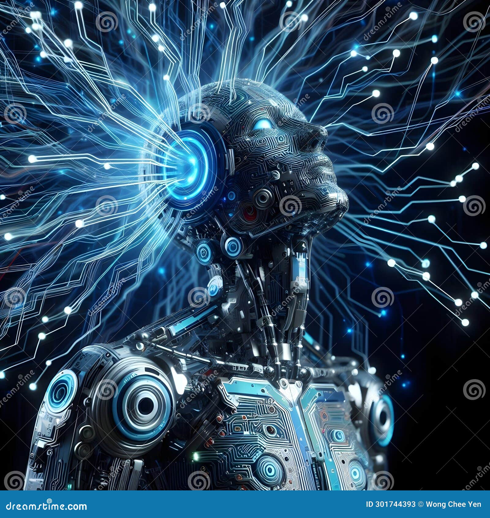 Artificial Intelligence Robot Look Up Electronics Connections Dark ...