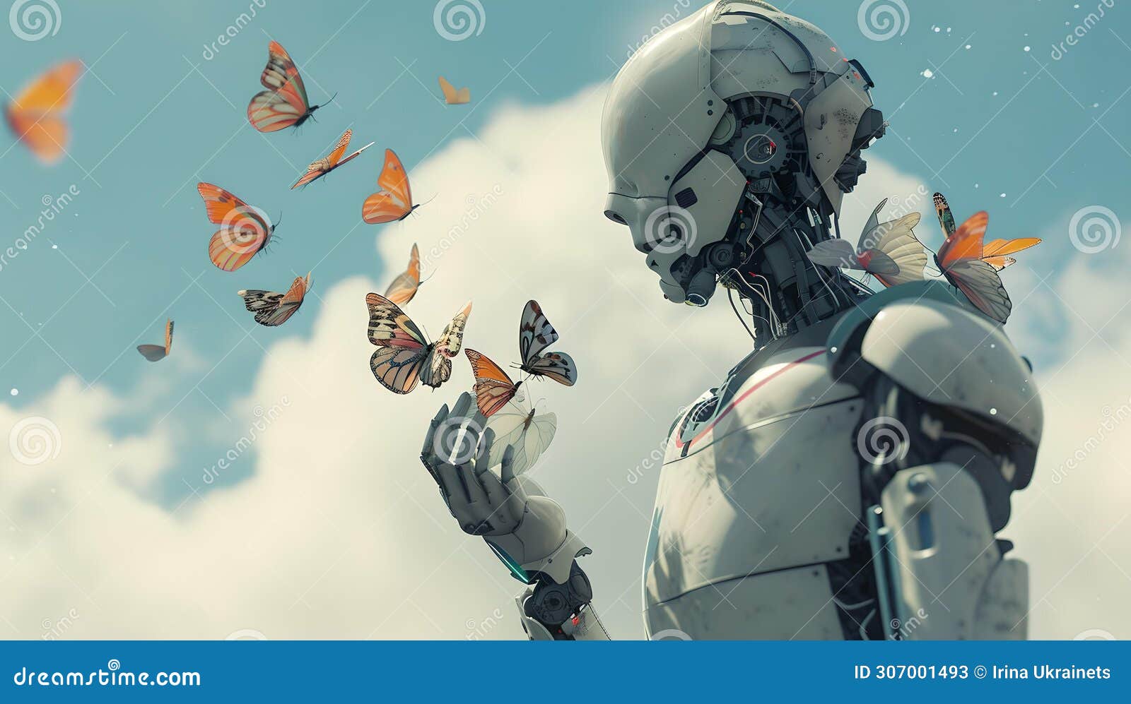 Futuristic Robot Interacting with Butterflies Under a Cloudy Sky ...